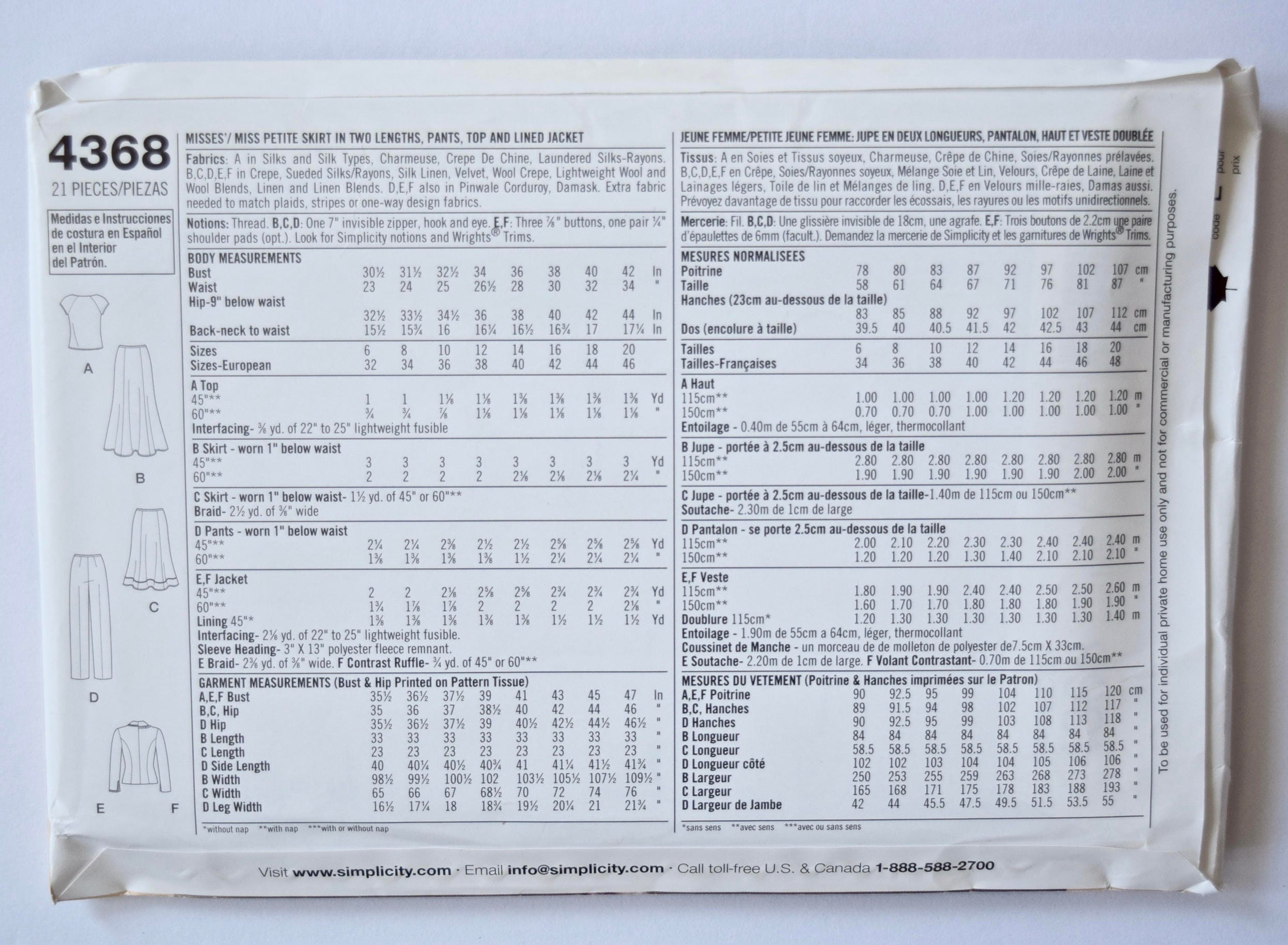 Simplicity 4368 Sewing Pattern Misses' Skirt in Two Lengths Pants Top ...