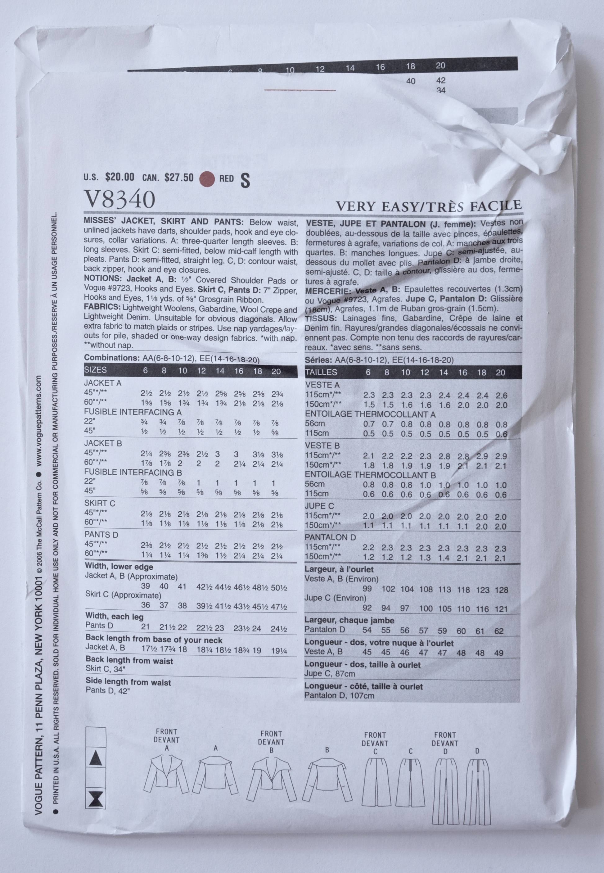 2006 Very Easy Vogue 8340 Sewing Pattern Misses' Unlined Jacket With ...
