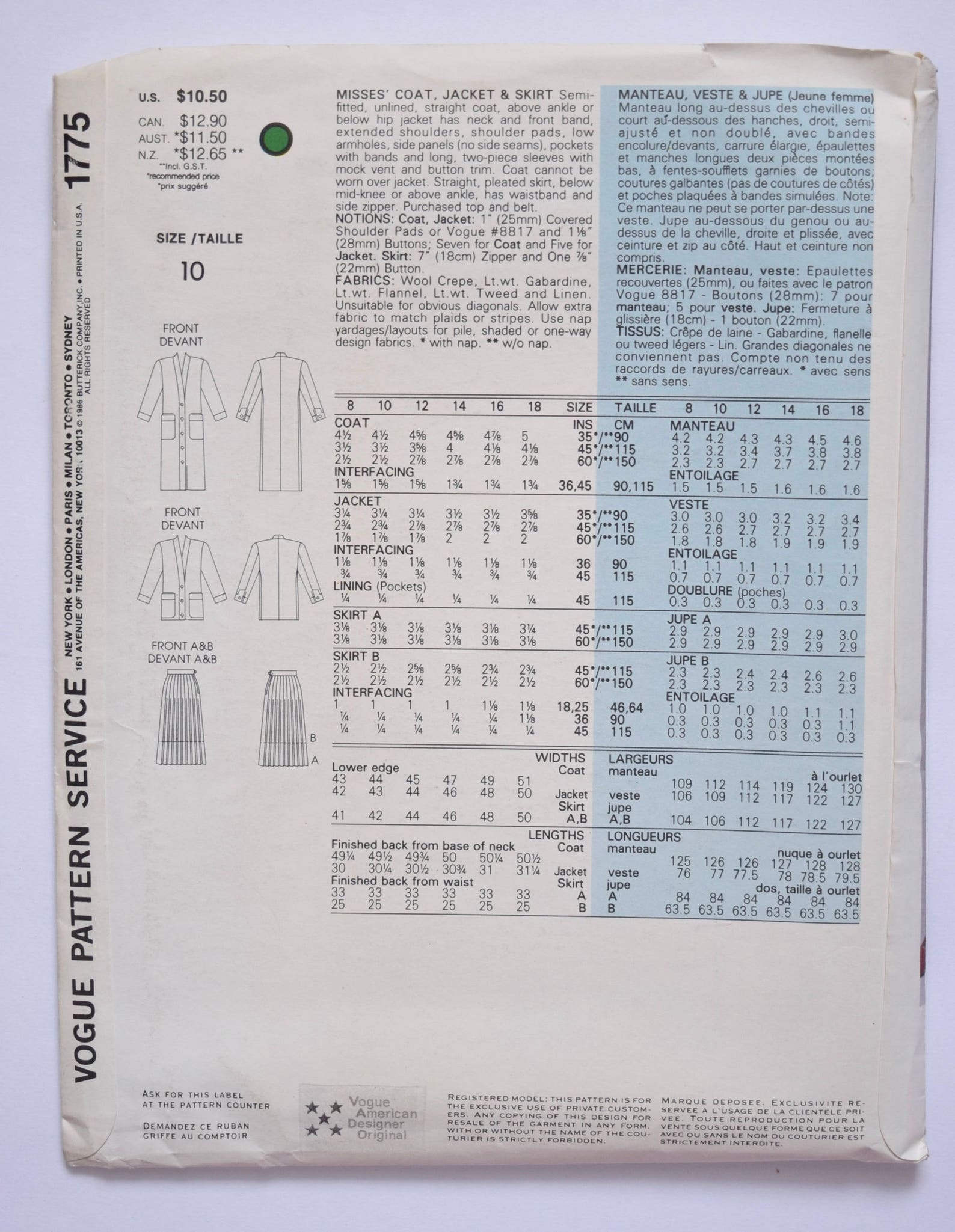 Vintage Vogue 1775 Sewing Pattern: Perry Ellis Coat, Jacket & Pleated ...