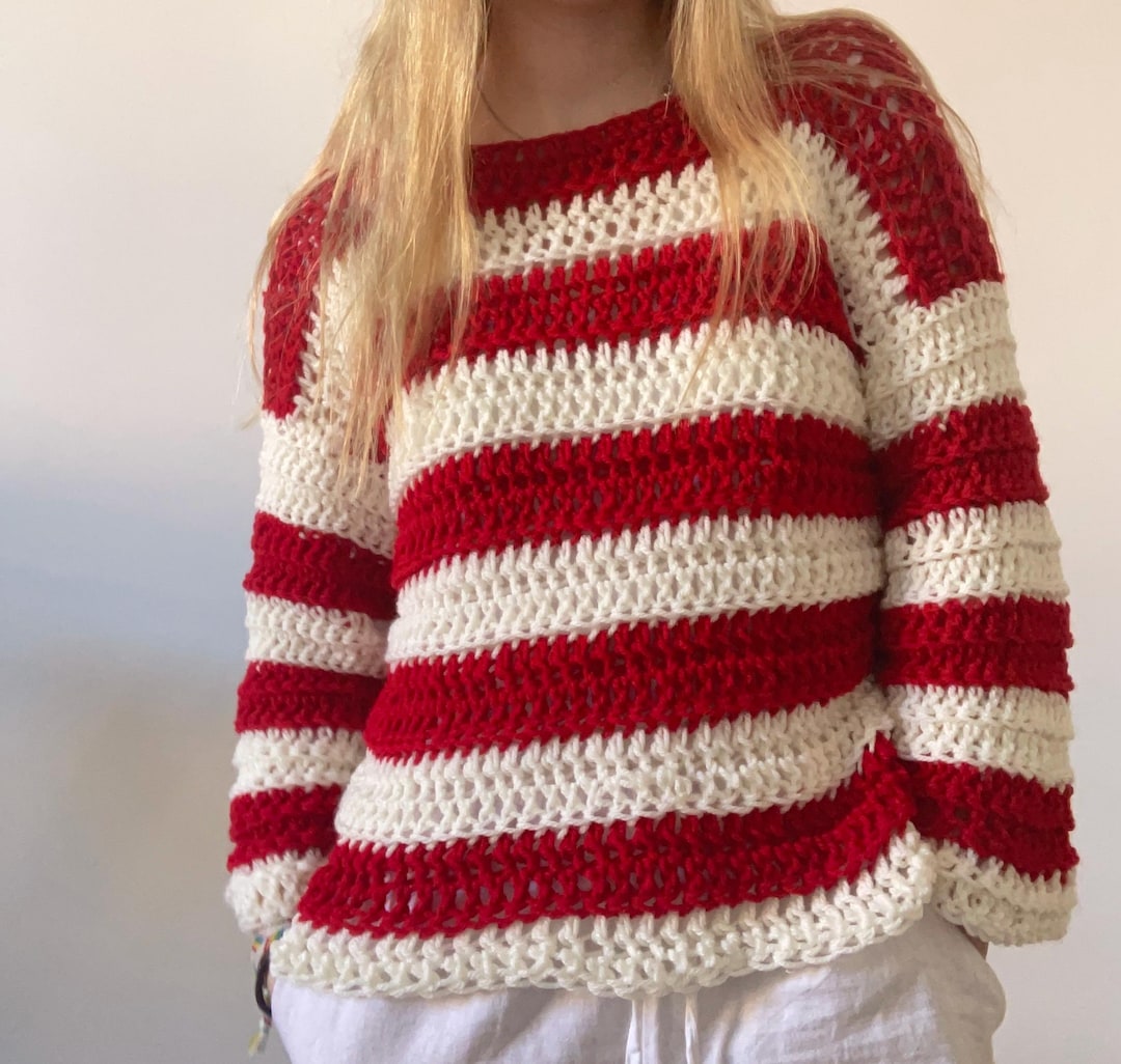 Handmade Crochet Striped Red and White Summer Sweater | Lightweight ...