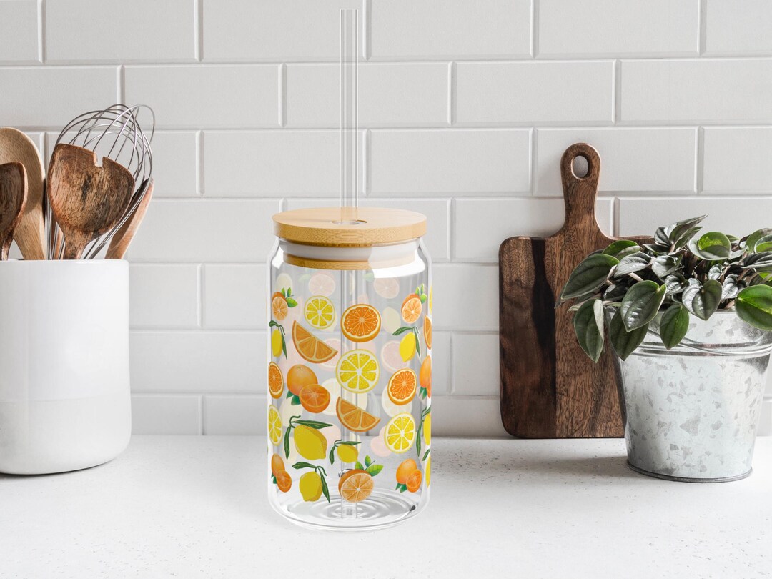 Summer Glass Cup With Lid and Straw Fruit Glass Cup Sipper Tumbler Iced ...