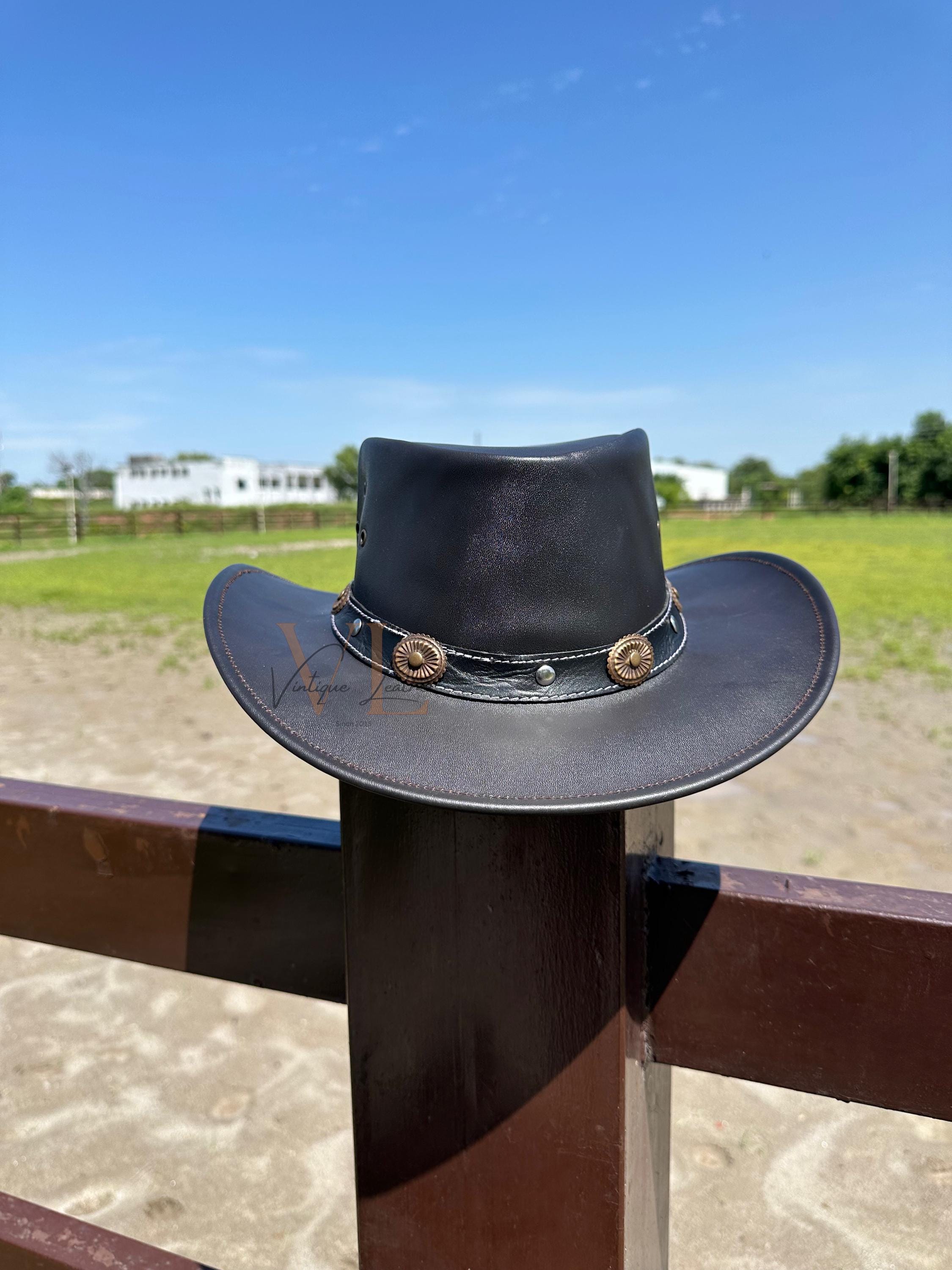Men's Real Leather Cowboy Western Style Hat Tan Vintage Style Cowboy ...
