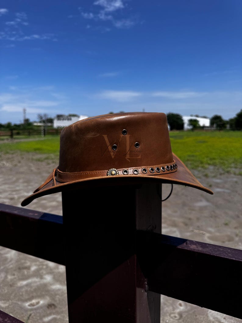 Vintage Genuine Leather Cow Western Cowboy Brown Hat Handmade Cowboy ...