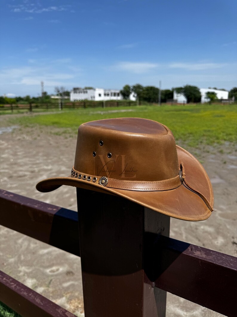Vintage Genuine Leather Cow Western Cowboy Brown Hat Handmade Cowboy ...