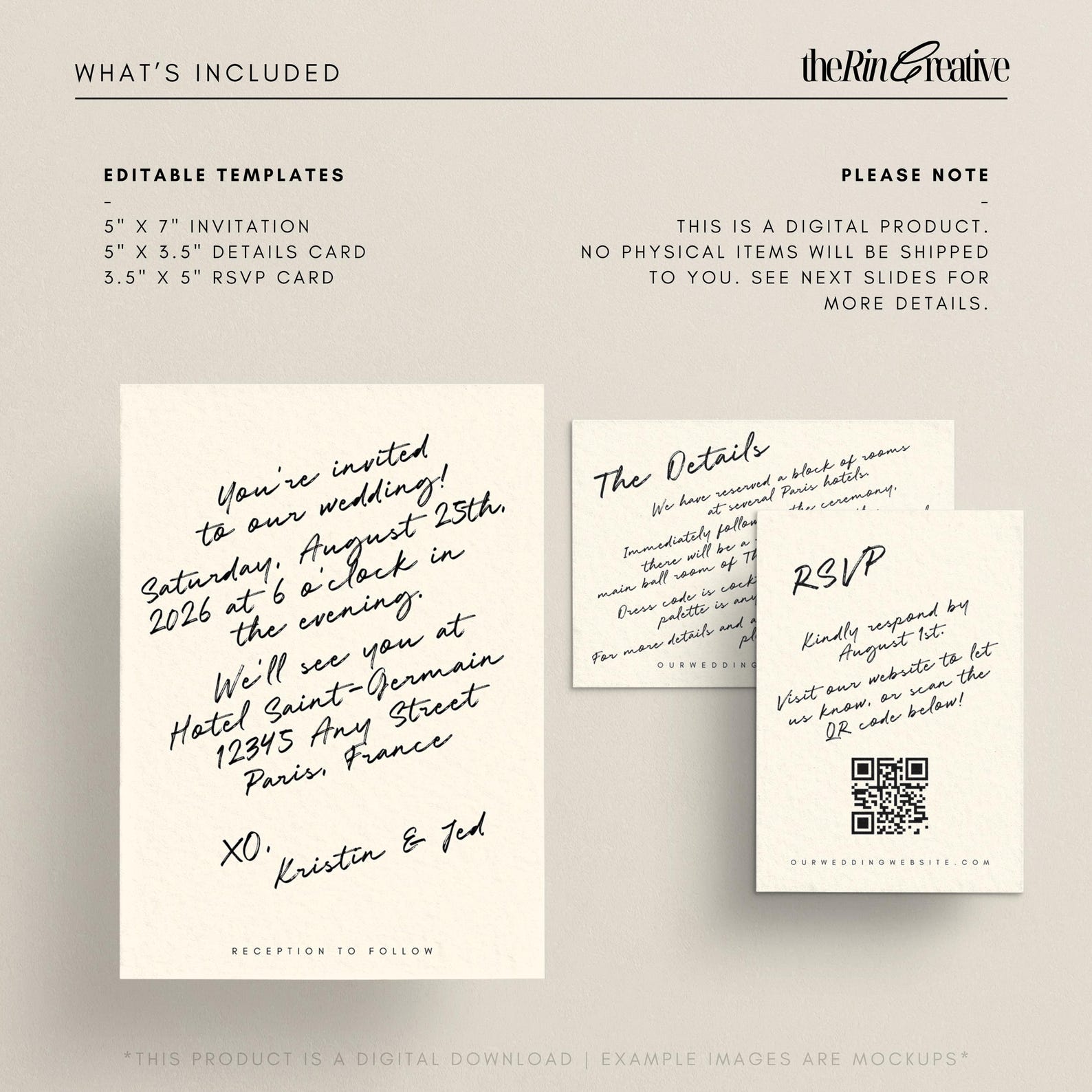 Handwritten Wedding Invitation Suite Template, Modern Wedding Invite ...