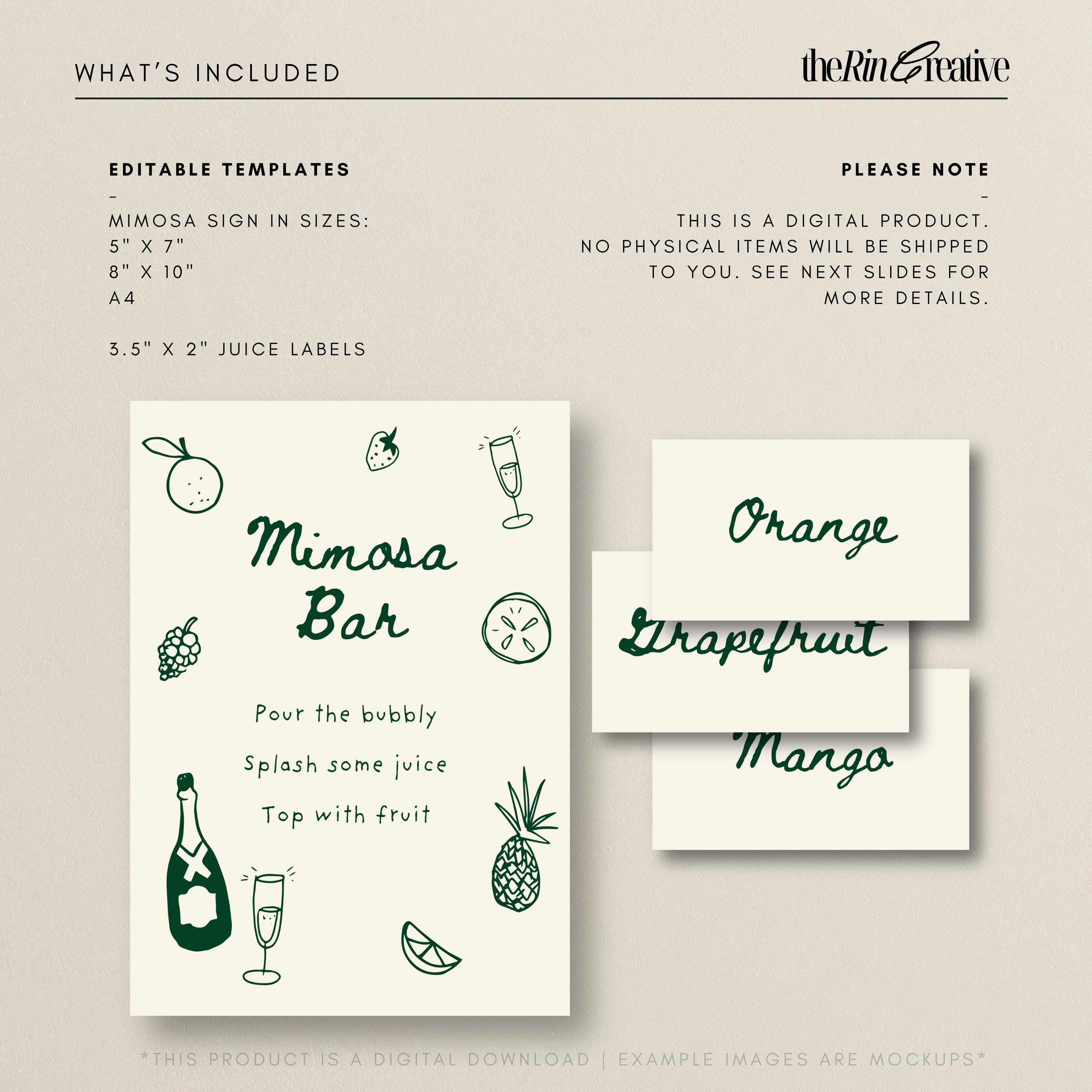 Mimosa Bar Sign Template, Mimosa Bar Juice Labels, Bridal Shower Mimosa ...