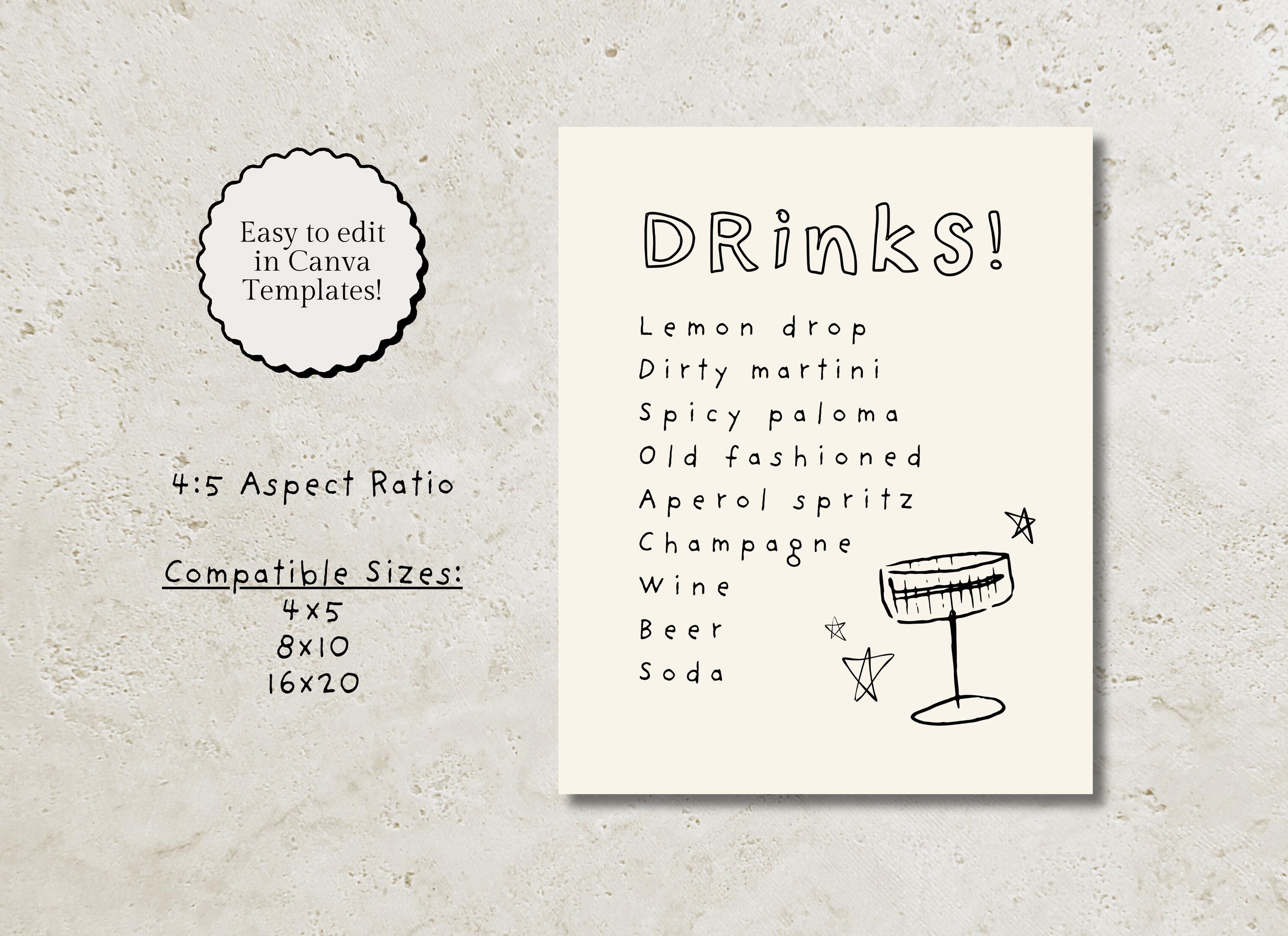 Editable Drinks Menu, Bar Sign Template, Cocktail List, Hand Drawn Bar ...