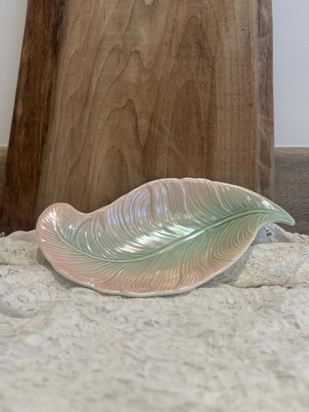 Vintage Feather Shaped Shallow Decorative Bowl Pearlescent Glaze - Etsy