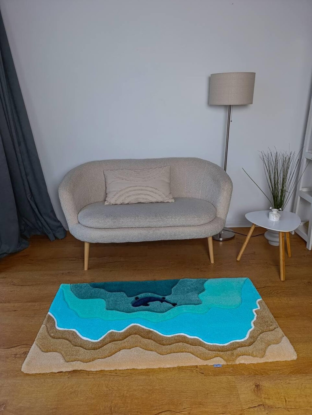 Tufted Rug Ocean Shore With Dolphin Design , Blue Sea Wave Rug , Hand ...