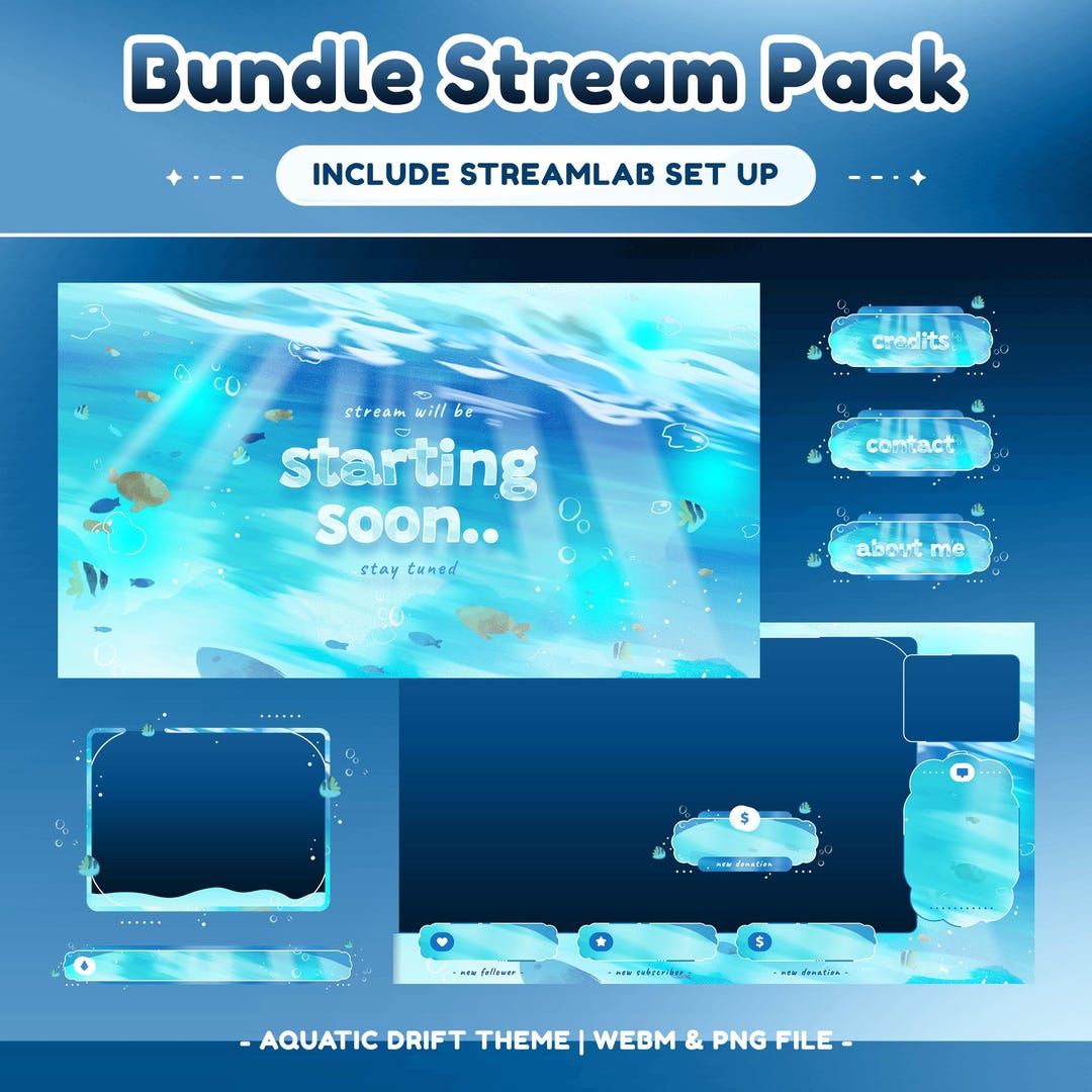 Aquatic Drift Animated Stream Overlay Package for Twitch Bundle, Cute ...