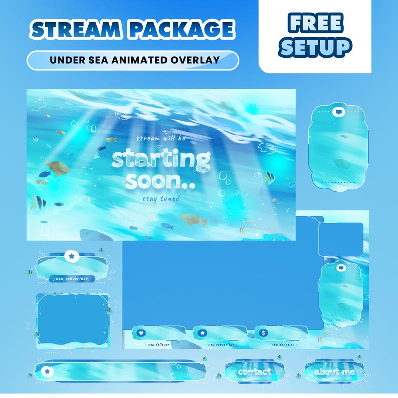 Under Sea Ocean Blue Animated Stream Overlay Package for Twitch OBS ...