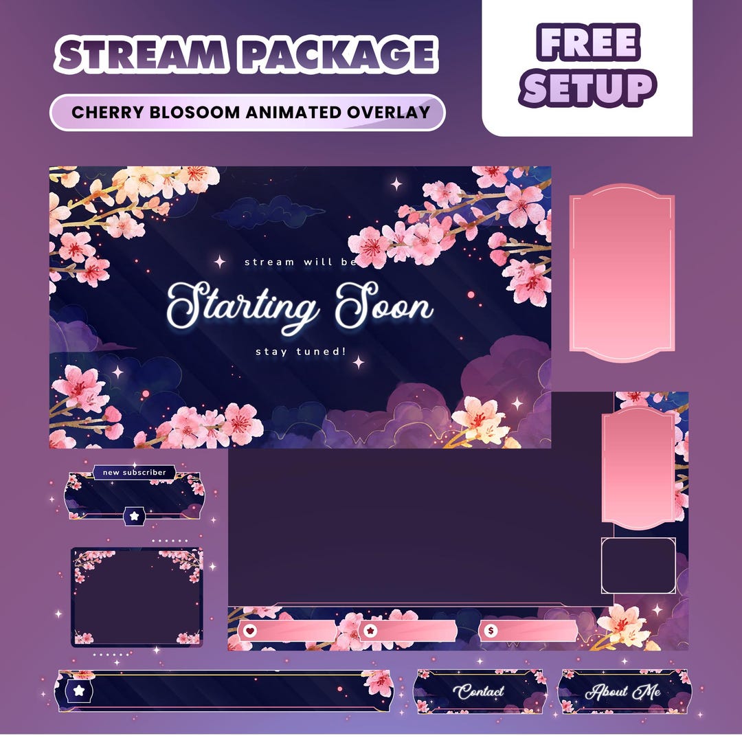 Sakura Nightfall Animated Stream Overlay Pack for Twitch Kick Youtube ...