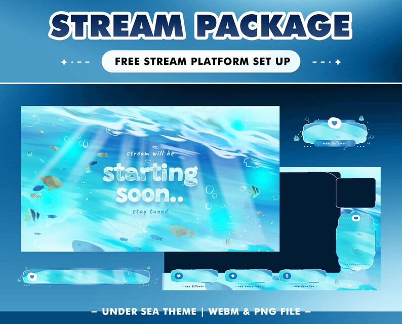 Under Sea Ocean Blue Animated Stream Overlay Package for Twitch OBS ...