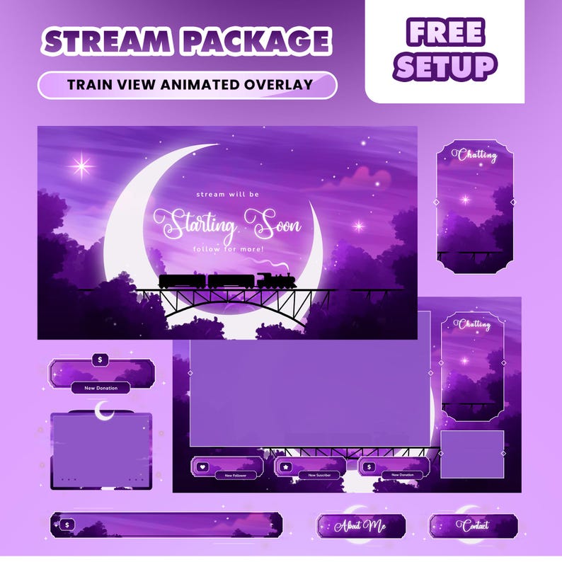 Moonlit Trains Animated Stream Overlay Pack for Twitch Kick Youtube ...
