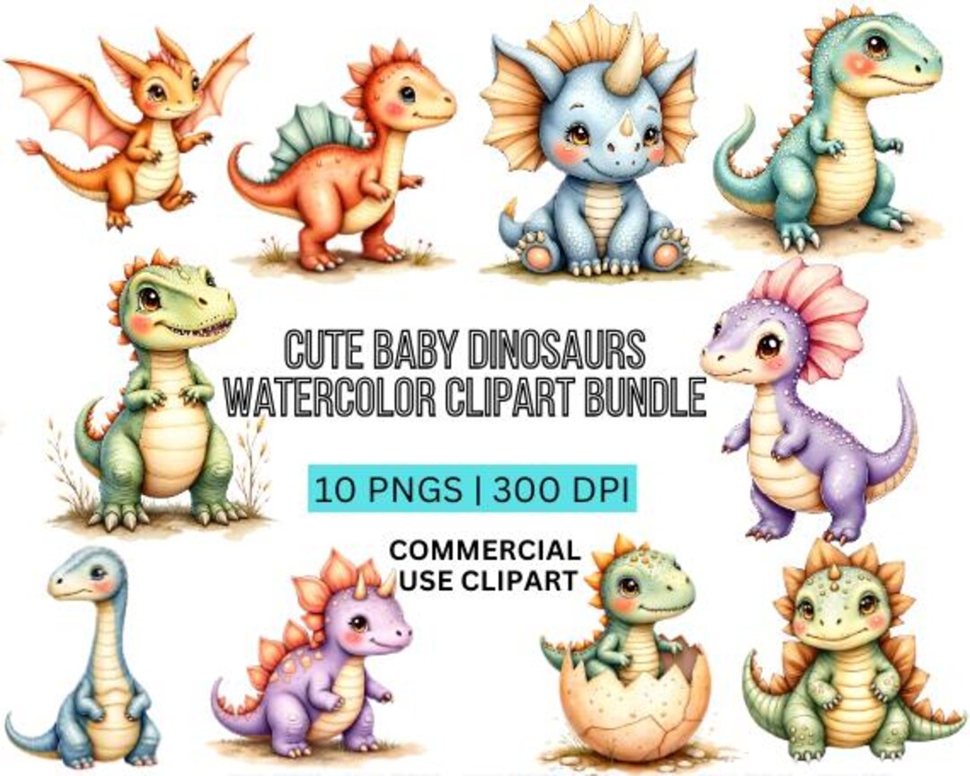 Cute Baby Dinosaurs Watercolor Clipart Bundle | 10 PNG Digital Download ...