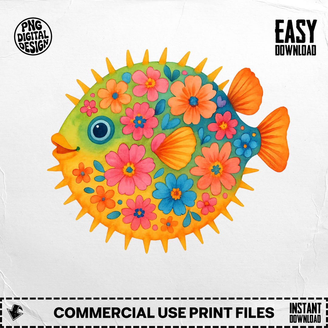 Pufferfish Png, Floral Pufferfish, Fish Png, Boho Fish, Watercolor Fish ...