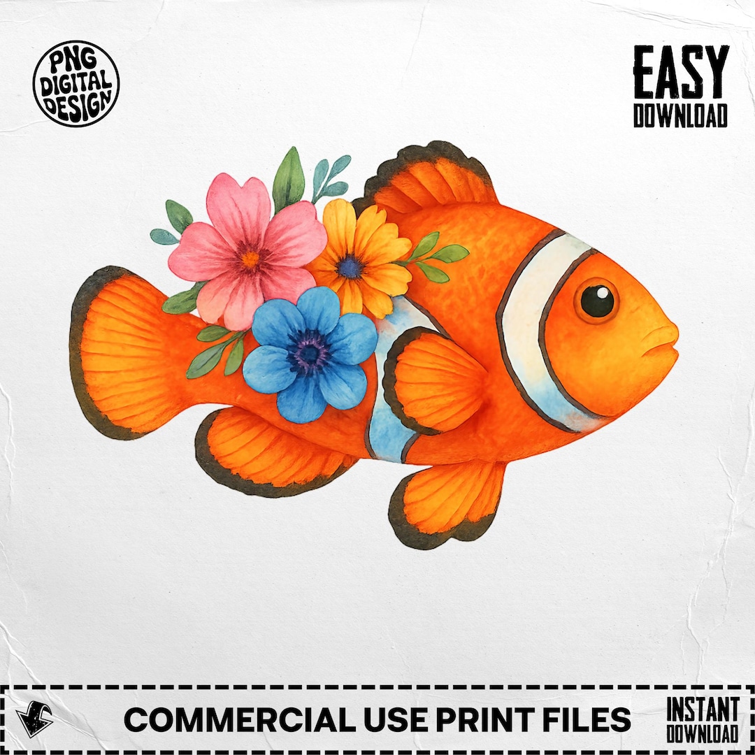 Clownfish PNG, Floral Fish Clipart, Watercolor Fish, Ocean PNG, Boho ...