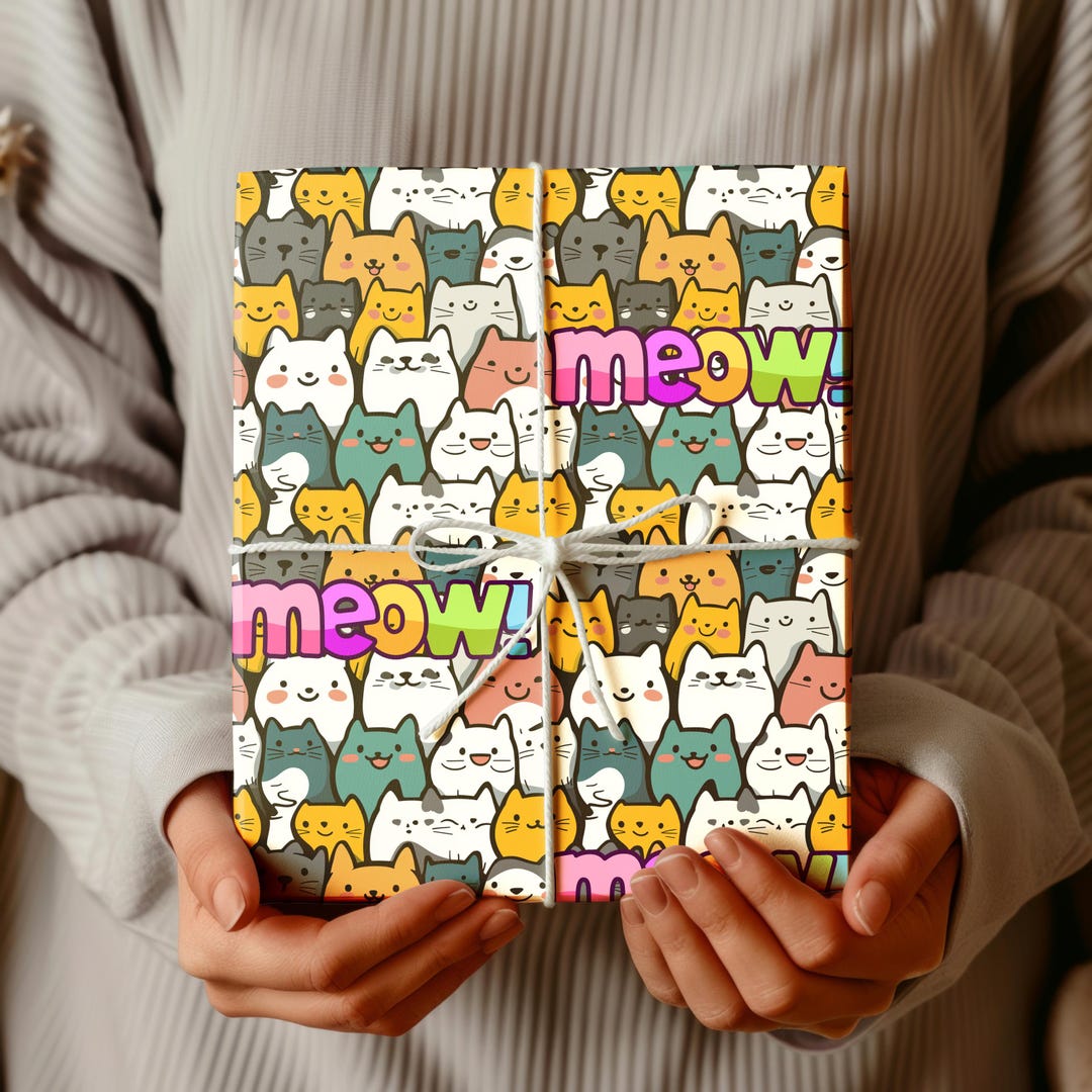 Colorful Cute Cats Wrapping Paper, Funny Meow Gift Wrap for Cat Lovers ...