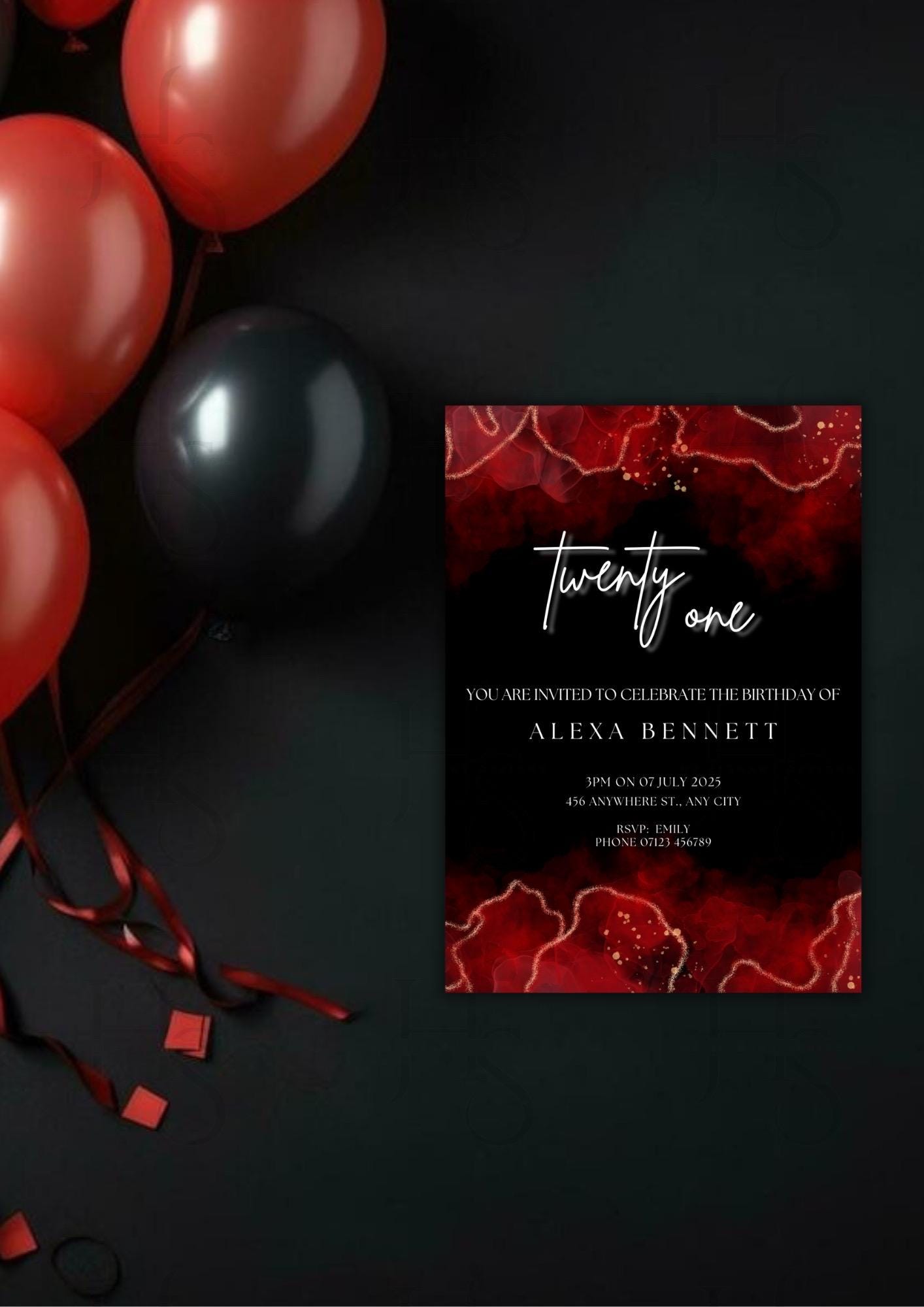 Elegant Red & Black Birthday Invitation | Luxury Printable Party ...