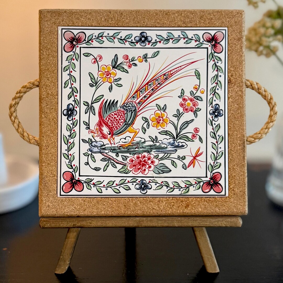 Portugese Azulejo Hand Painted Pottery Tile/trivet Set in Cork With ...