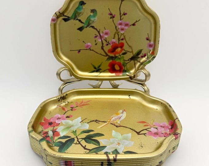 Vintage English Tea Trays – Elite Trays England Scalloped Gold Metal W ...