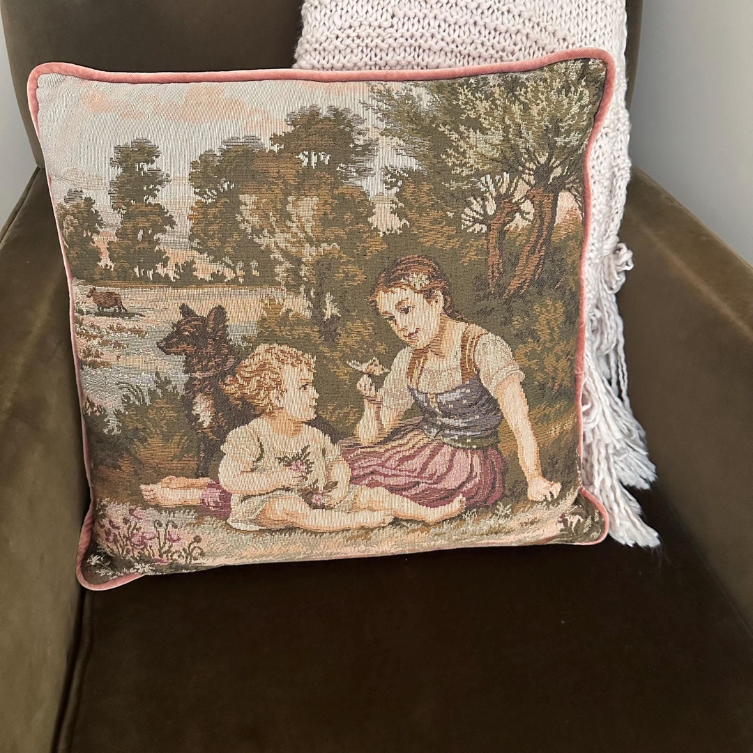 Vintage French Country Tapestry | Brocade Pillow With Piped Edging ...