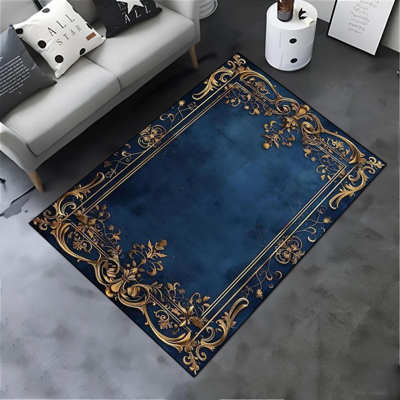 Gold Pattern Blue Rug,gold Framed Rug,salon Area Rug,modern Art Rug ...