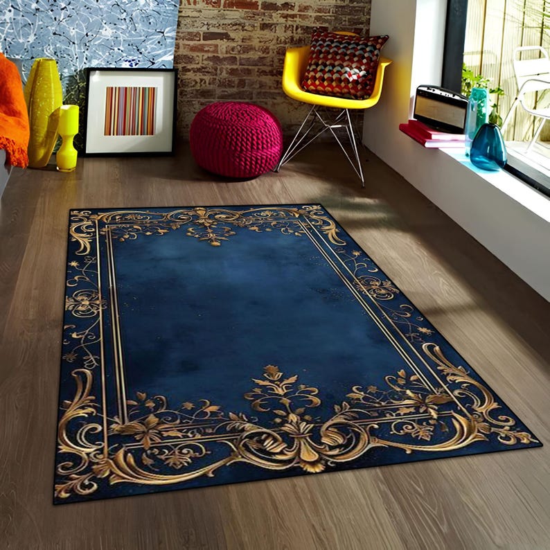 Gold Pattern Blue Rug,gold Framed Rug,salon Area Rug,modern Art Rug ...
