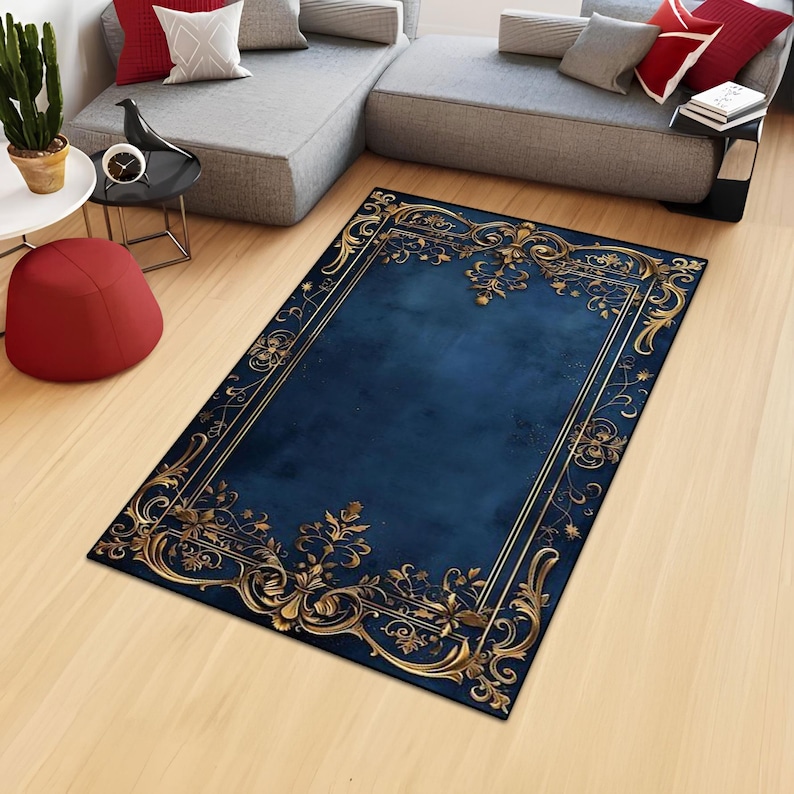 Gold Pattern Blue Rug,gold Framed Rug,salon Area Rug,modern Art Rug ...