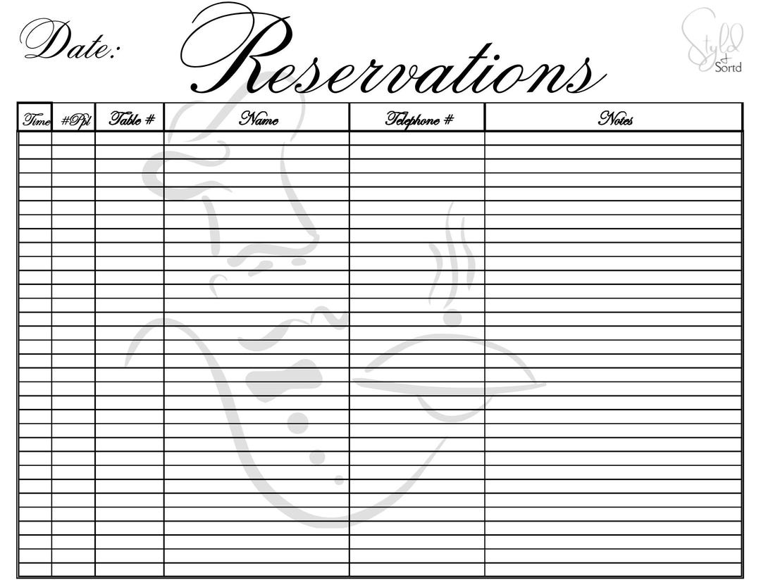 Printable Restaurant Reservations Log - Etsy