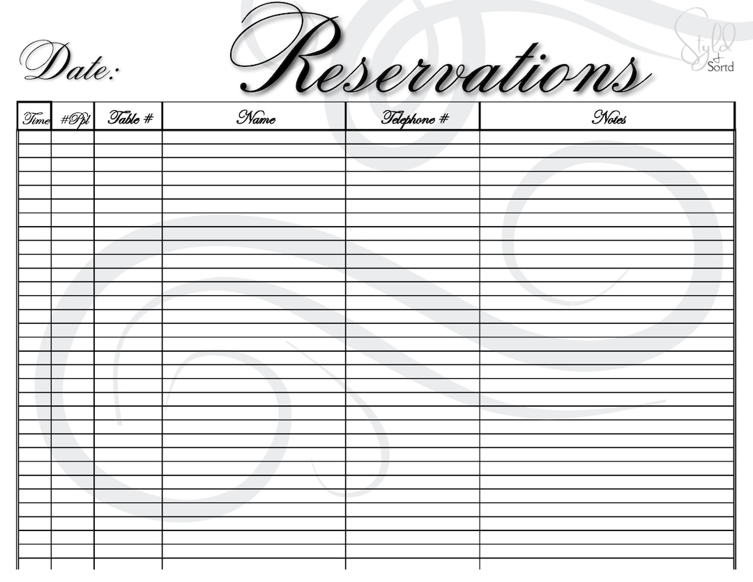 Printable Restaurant Reservations Log #4 - Etsy