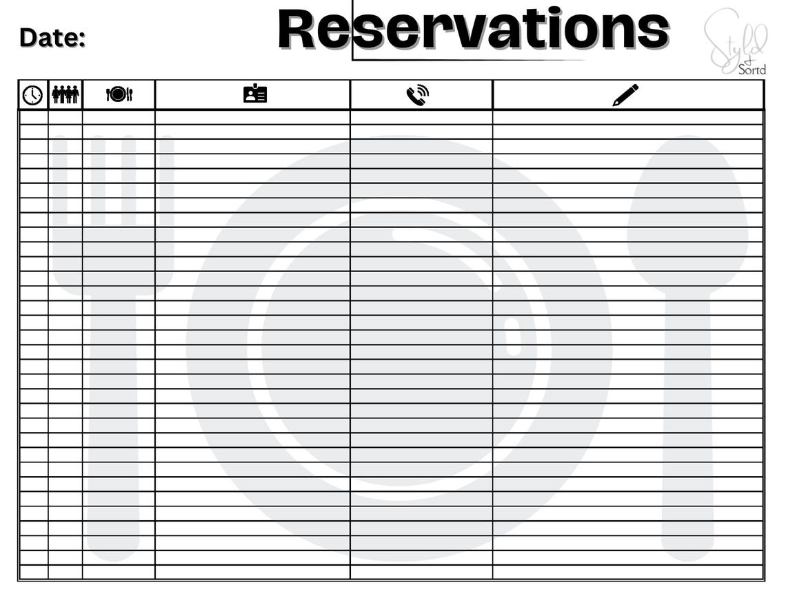 Printable Restaurant Reservations Log #3 - Etsy