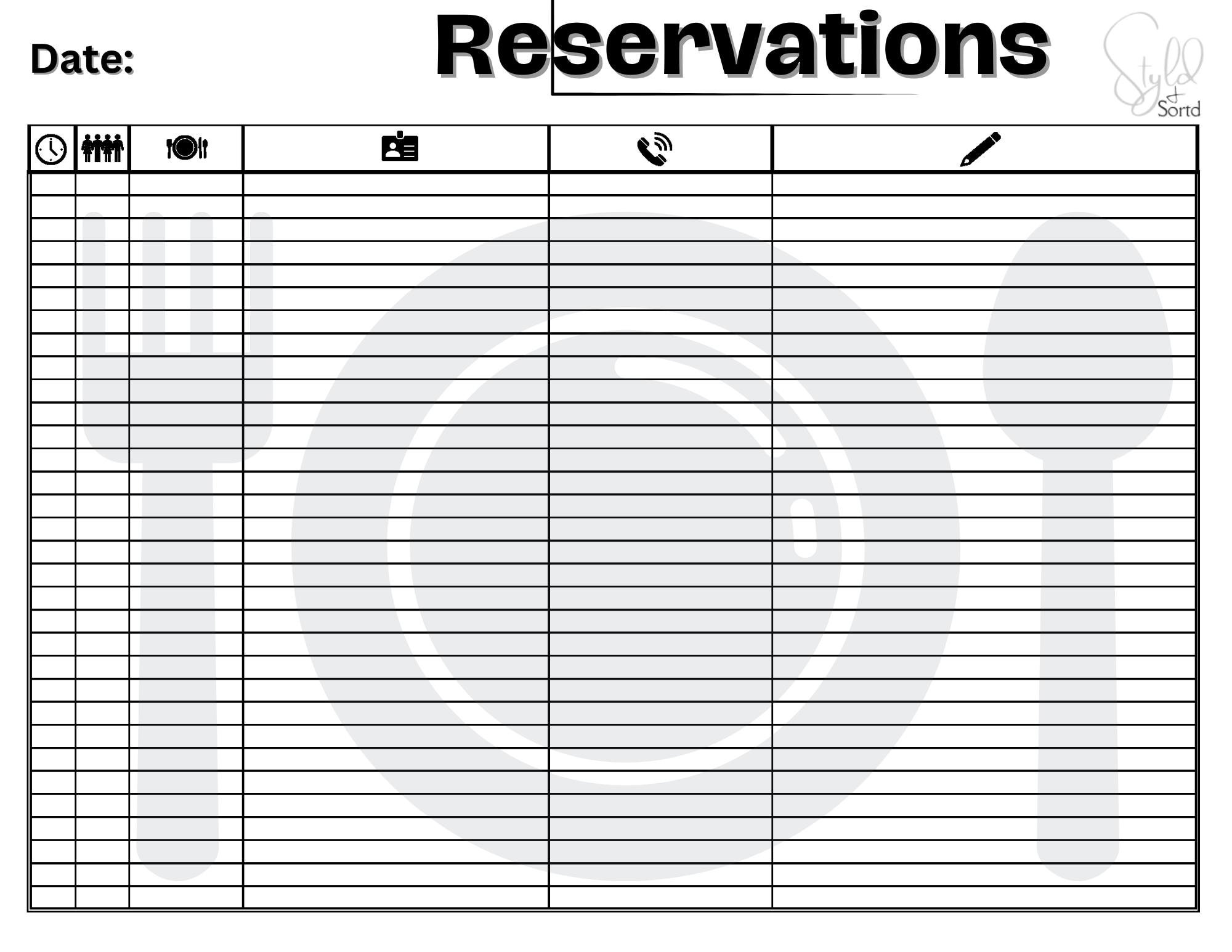 Printable Restaurant Reservations Log #3 - Etsy