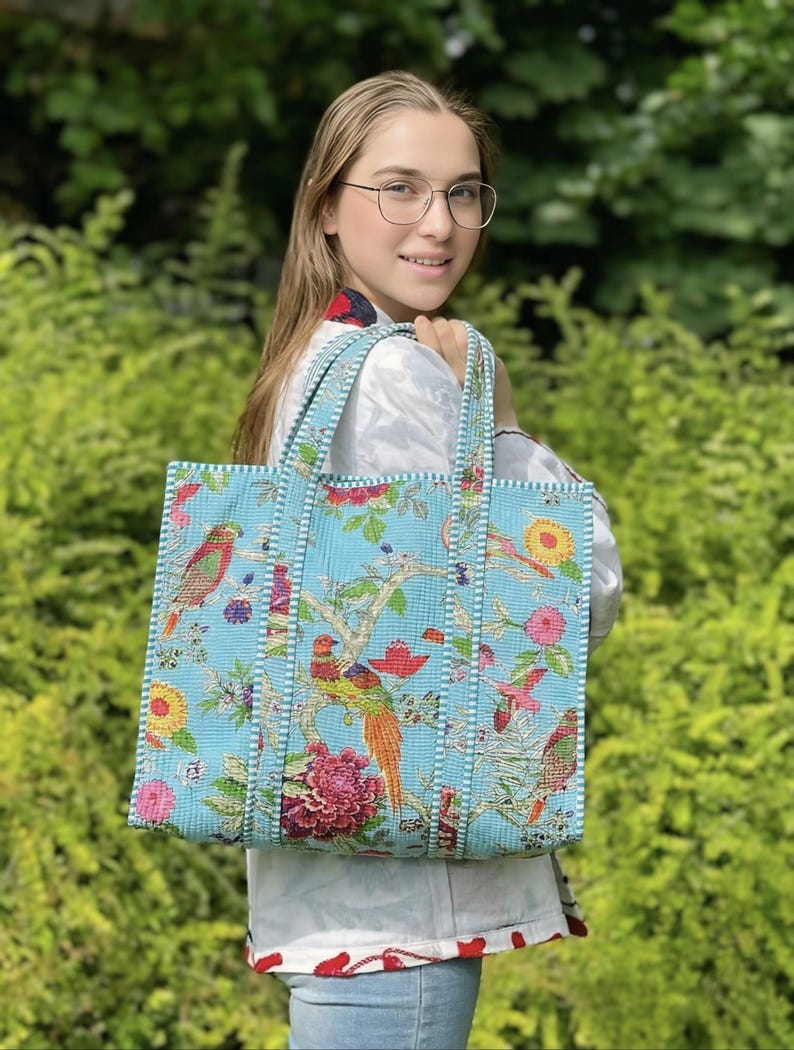 Quilted Cotton Tote Bag, Floral Stripe Print, Everyday Shoulder Bag - Etsy