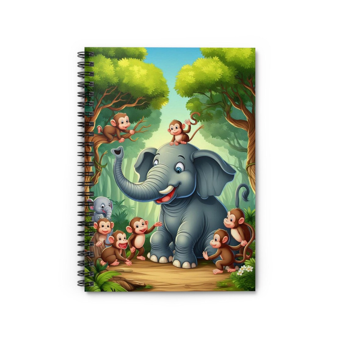 Spiral Notebook Big and Small Friends, Elephant With Monkeys, Ruled ...