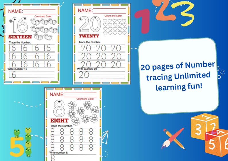 Trazado de números del 1 al 20 imprimible, actividad de conteo y ...