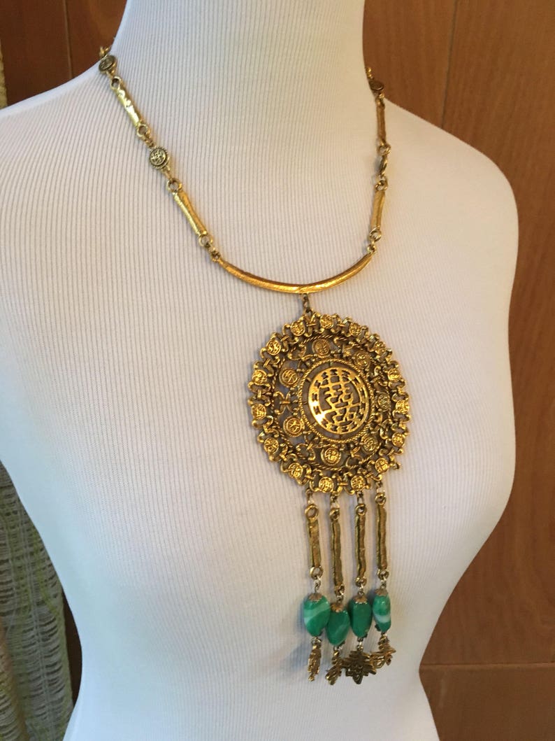 Vintage 60s Chinese Character and Dragon Huge Statement Necklace With ...