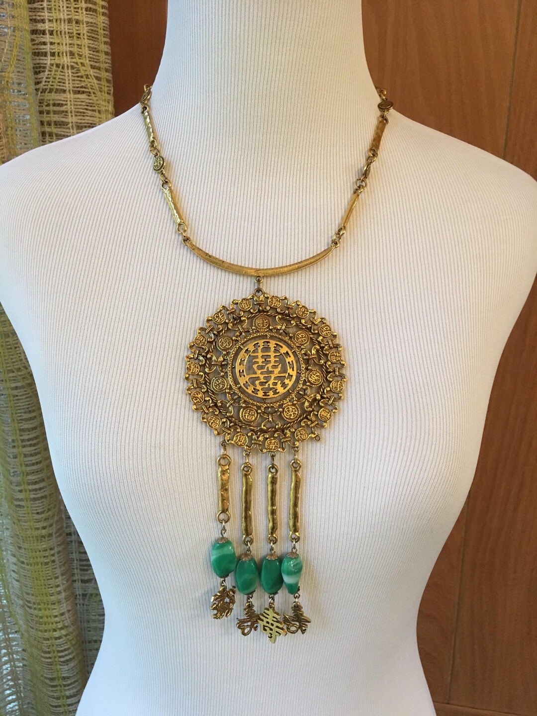 Vintage 60s Chinese Character and Dragon Huge Statement Necklace With ...