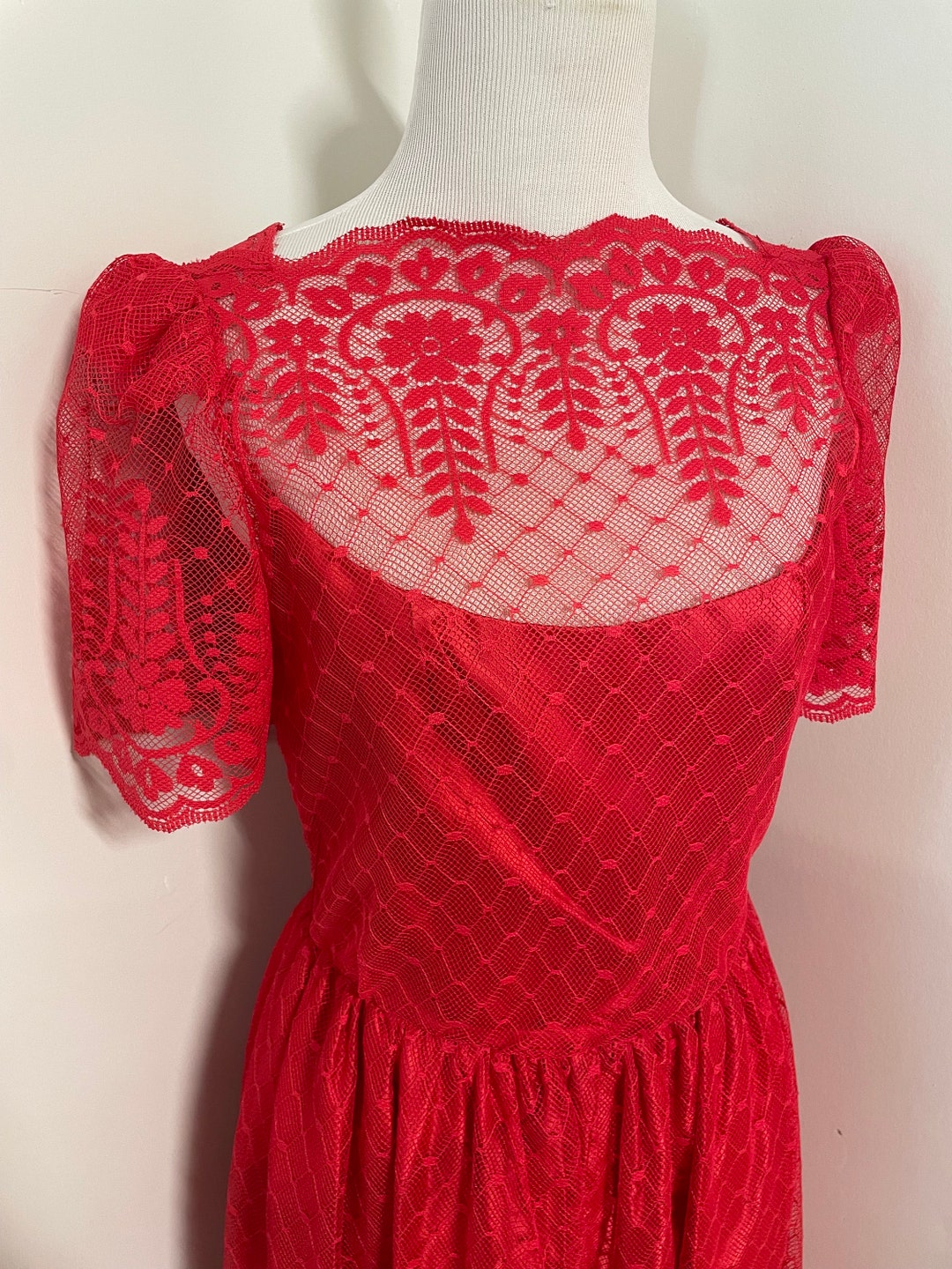 Vintage 80s Lydia Deetz Style Beetlejuice Red Lace Tea Length Dress 80s ...