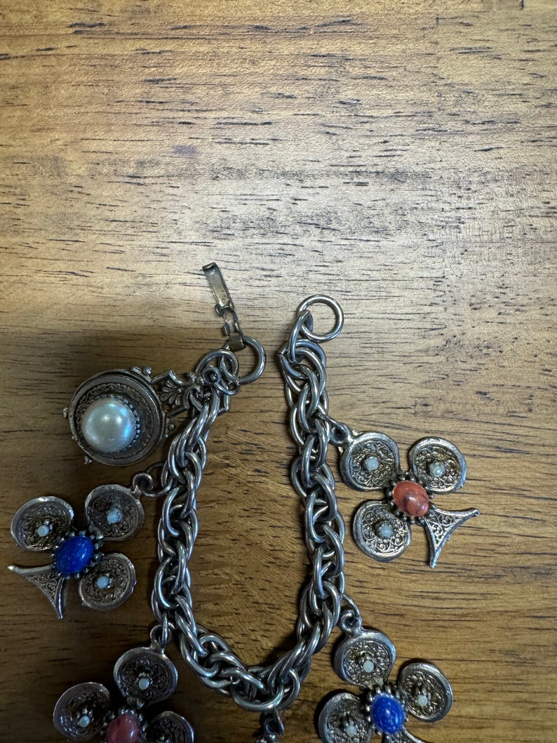 Vintage 60s 70s Silver Charm Bracelet With Ornate Clover Design and ...