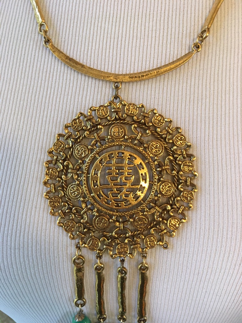 Vintage 60s Chinese Character and Dragon Huge Statement Necklace With ...
