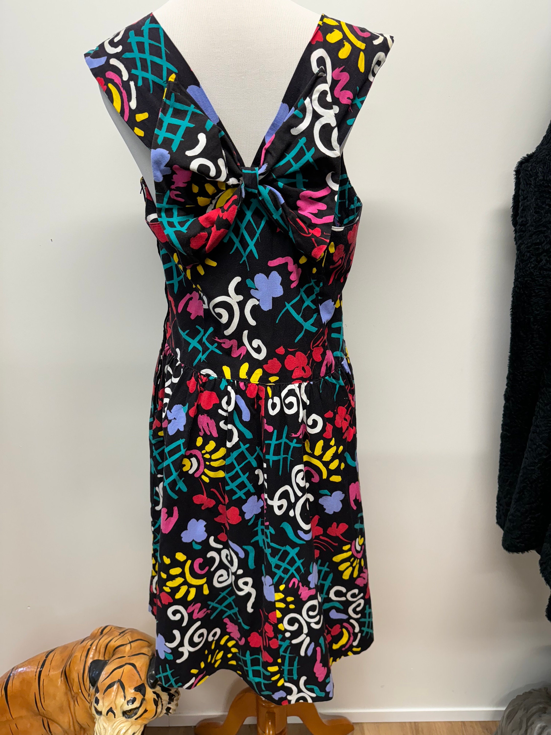 Vintage 80s Early 90s Cotton Sundress With Fun Print and Oversized Bow ...