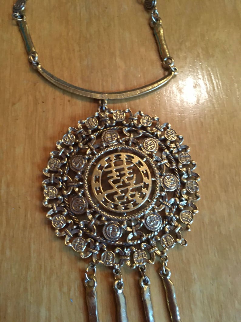 Vintage 60s Chinese Character and Dragon Huge Statement Necklace With ...