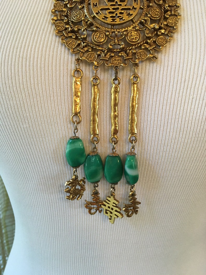 Vintage 60s Chinese Character and Dragon Huge Statement Necklace With ...