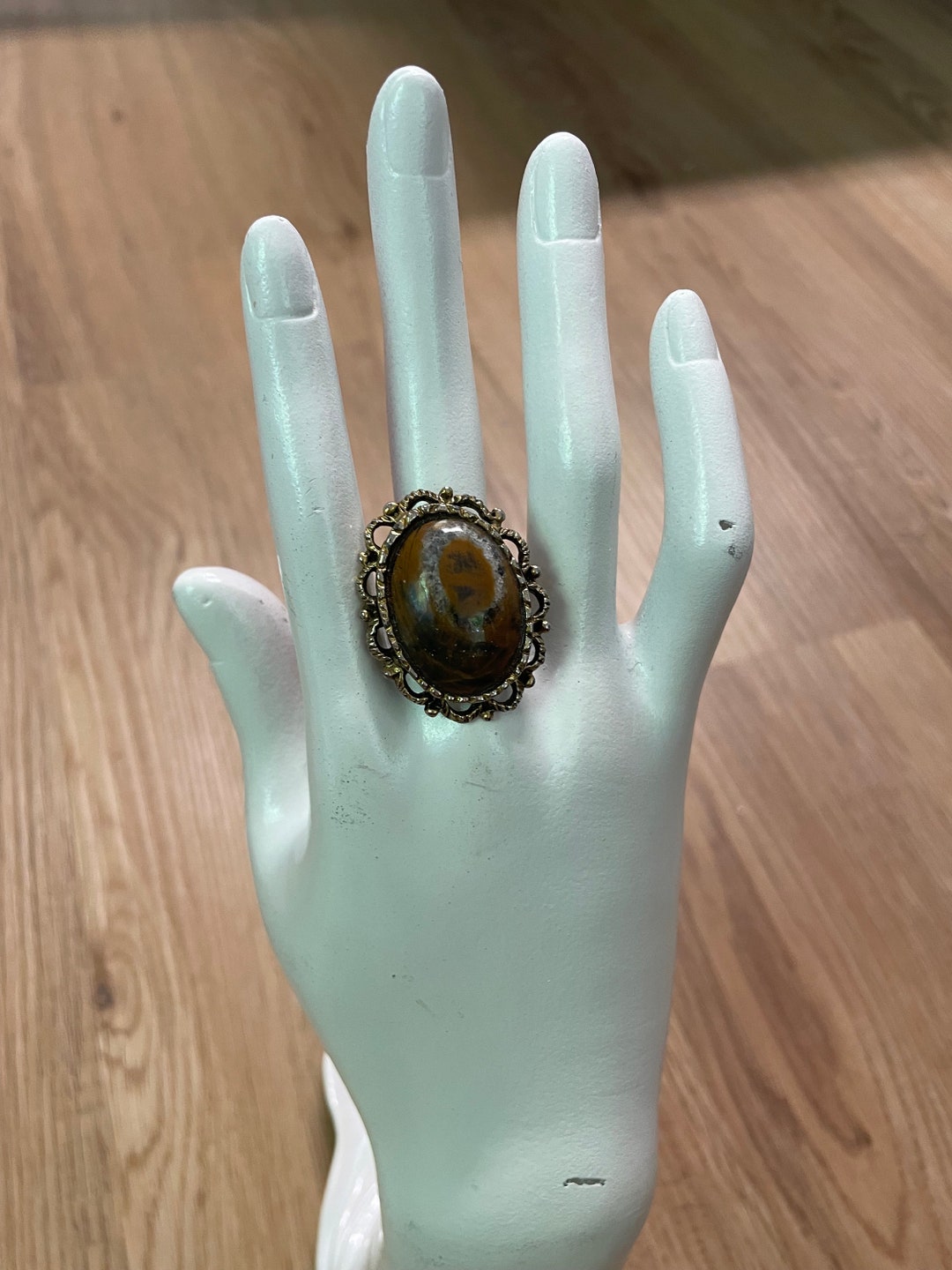 Vintage 60s 70s Gold Ring Cocktail Ring Natural Stone Ring Agate Stone ...