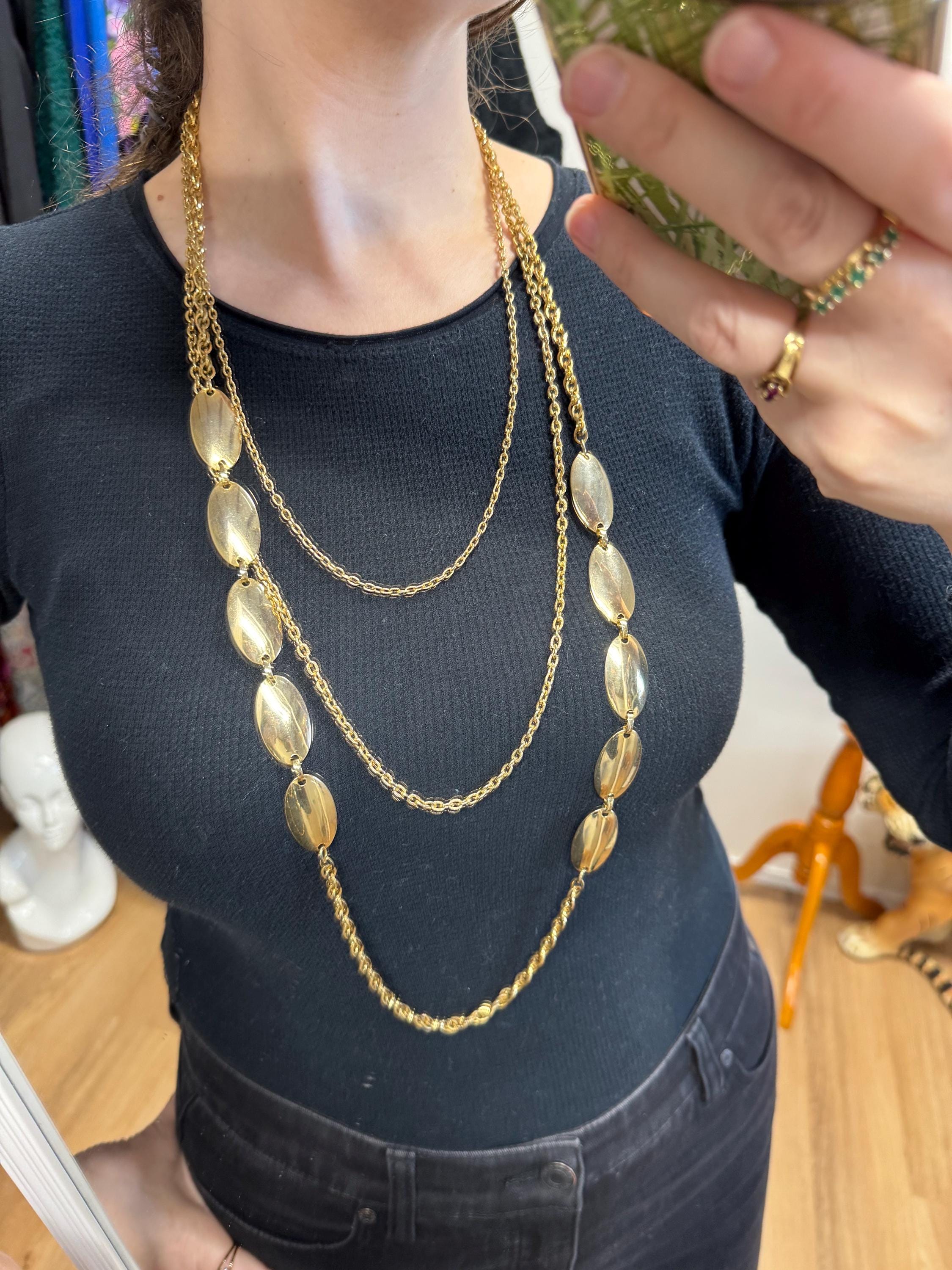 Vintage 60s 70s Multi Chain Gold Tone Metal Necklace With Oval Flat ...