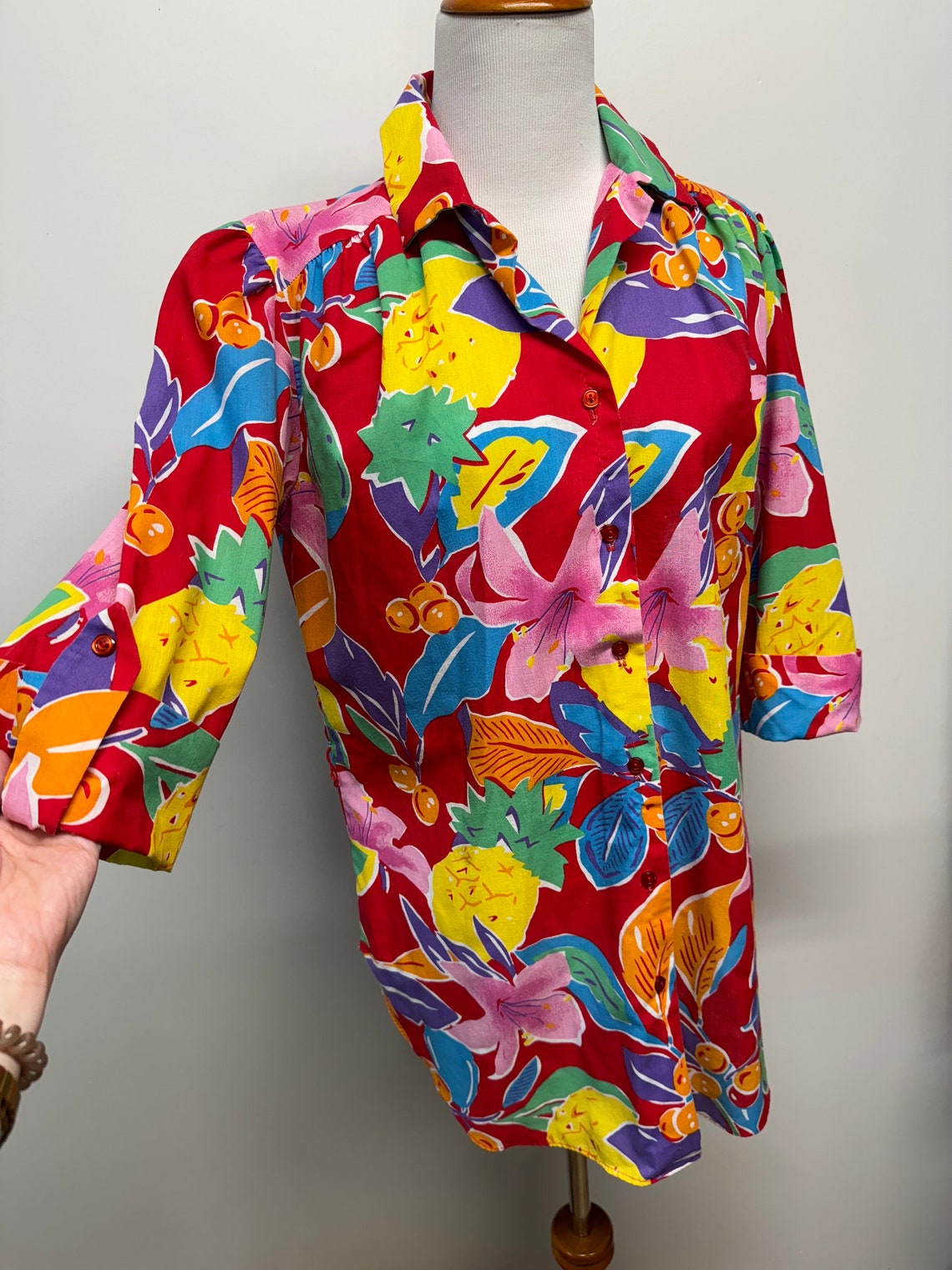 Vintage 80s 90s Super Bright Tropical Floral and Pineapple Blouse or ...