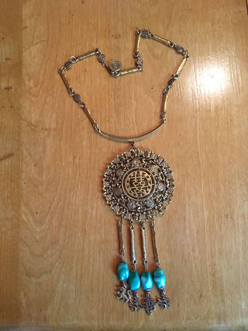 Vintage 60s Chinese Character and Dragon Huge Statement Necklace With ...