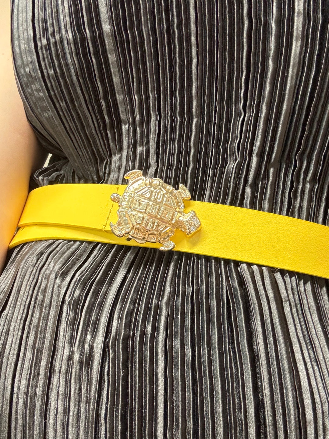 Vintage Y2K Gold Turtle Belt Buckle Bright Yellow Leather Statement ...
