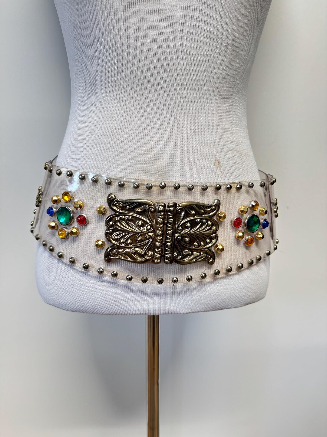 Vintage 70s 80s Clear Vinyl Studded Rhinestone Wide Belt Disco Wrestler ...